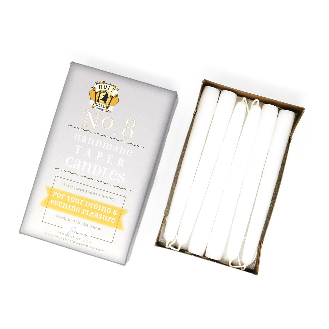 8 Inch Unscented Taper Candles – Dripless Taper Candles – Mole Hollow ...